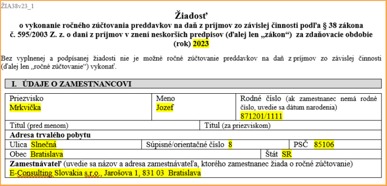 Návod na vyplnenie Žiadosti o ročné zúčtovanie dane zamestnanca - E-Consulting